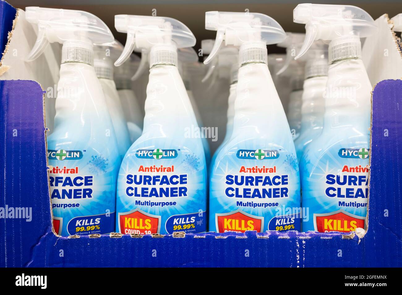 Bottles of anti-viral surface cleaner on sale in a supermarket in the ...