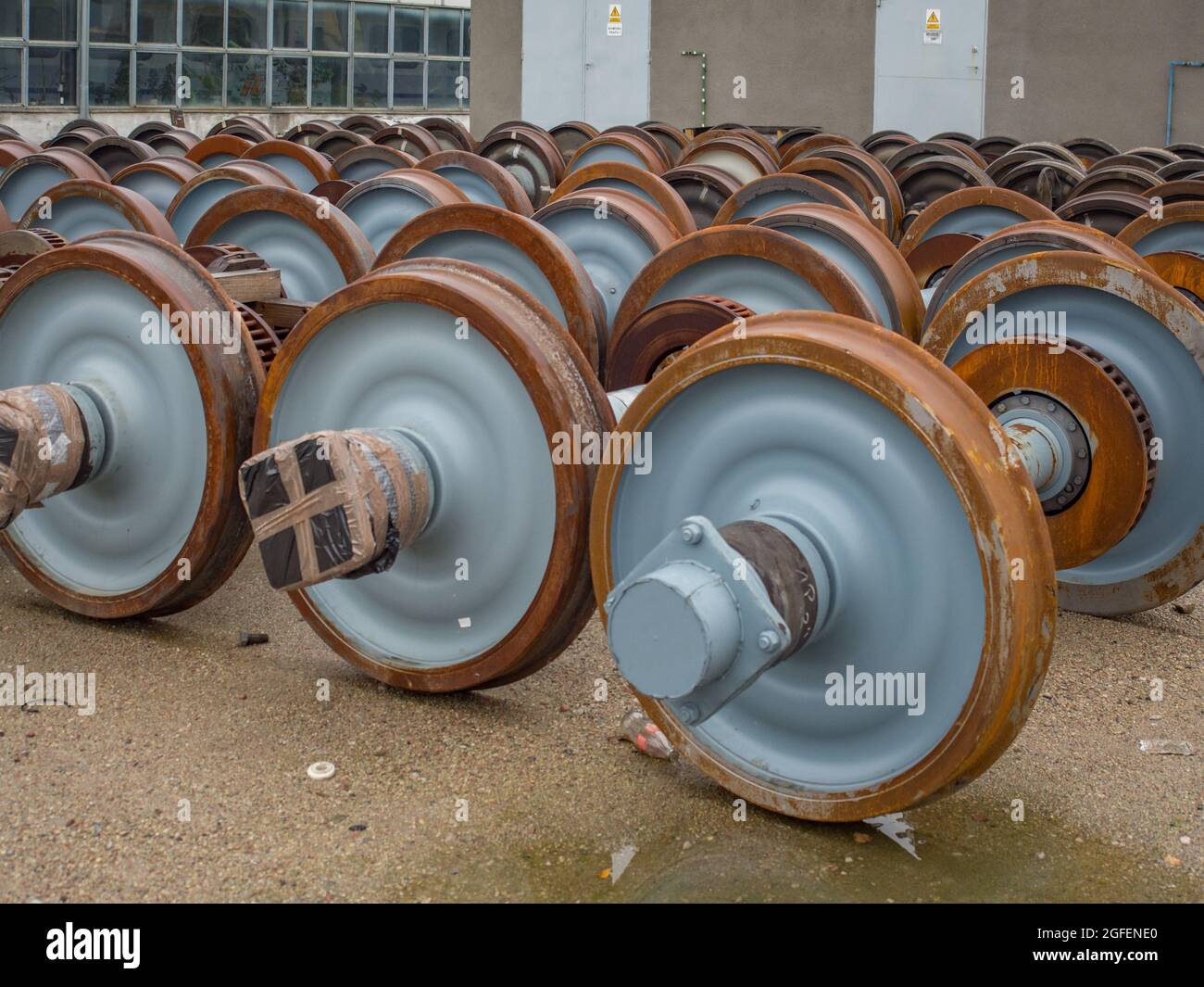 Railway, metal train wheels with rust in therepair shop, Railway depot ...