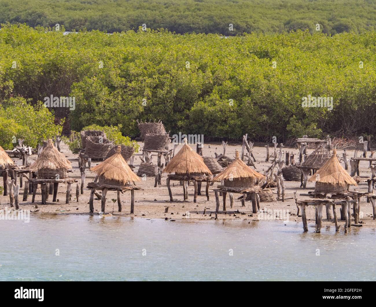 Granaries on a shell island among mangrove trees, Joal-Fadiouth ...