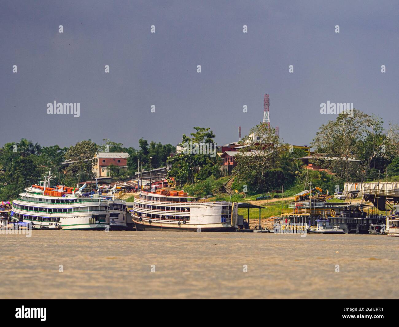 Tabatinga, Brazil - Sep 21, 2018: Big wooden boats in the port of ...