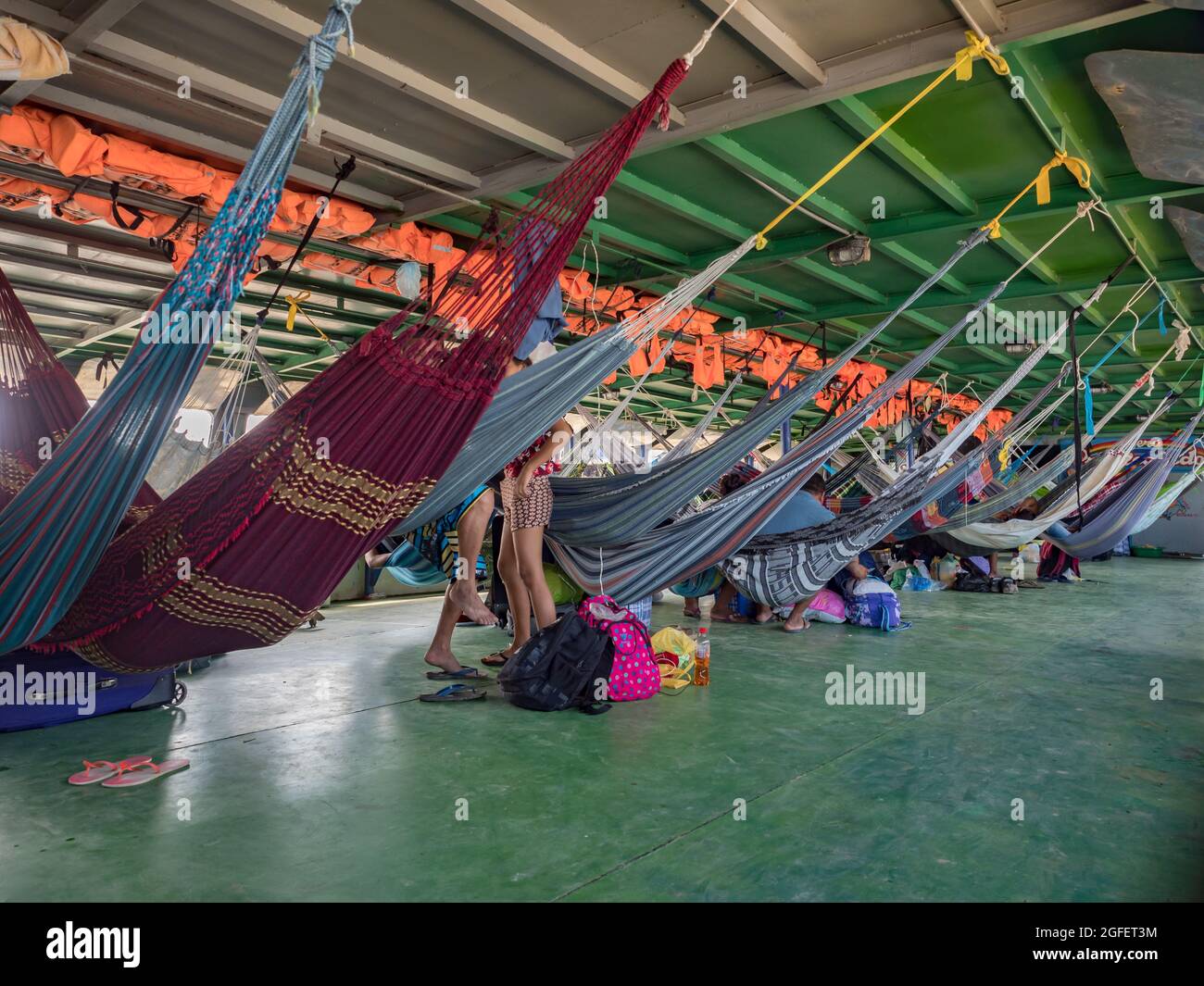 Amazon River, Peru - Sep 19, 2019: Many beautiful, colorful hammocks on ...