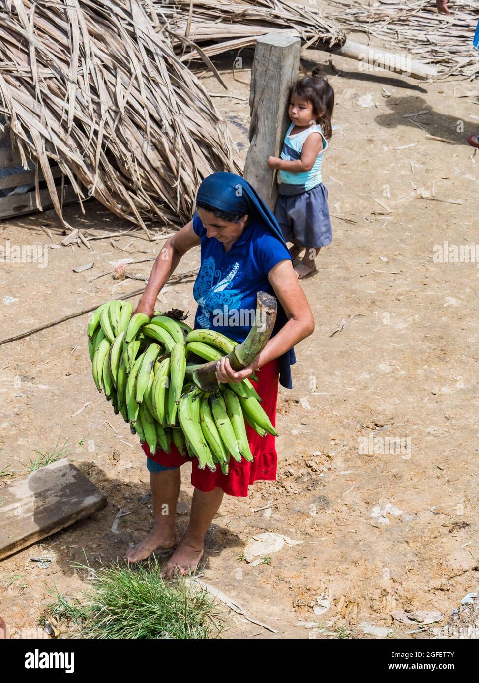 Amazon River, Peru - Dec 2018: Woman with the bananas at the port in ...