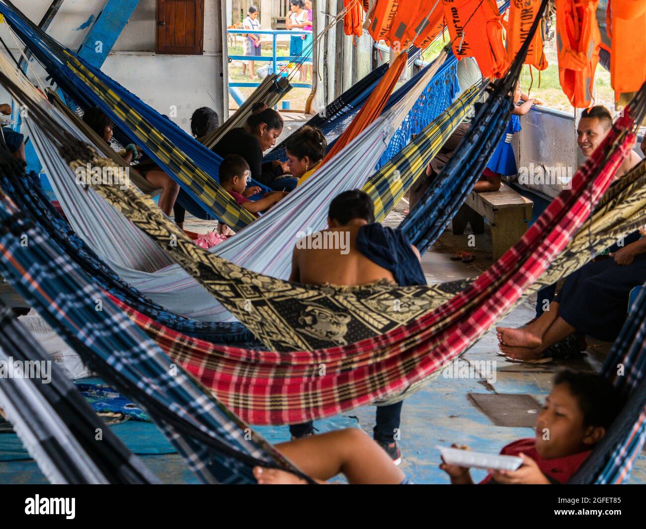 Amazon River, Peru - Sep 19, 2019: Many beautiful, colorful hammocks on ...