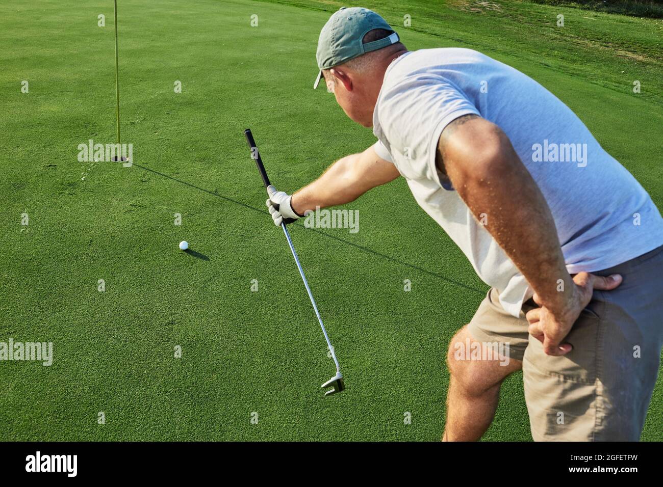 Professional golfer aims at a hole using golf club while playing golf ...