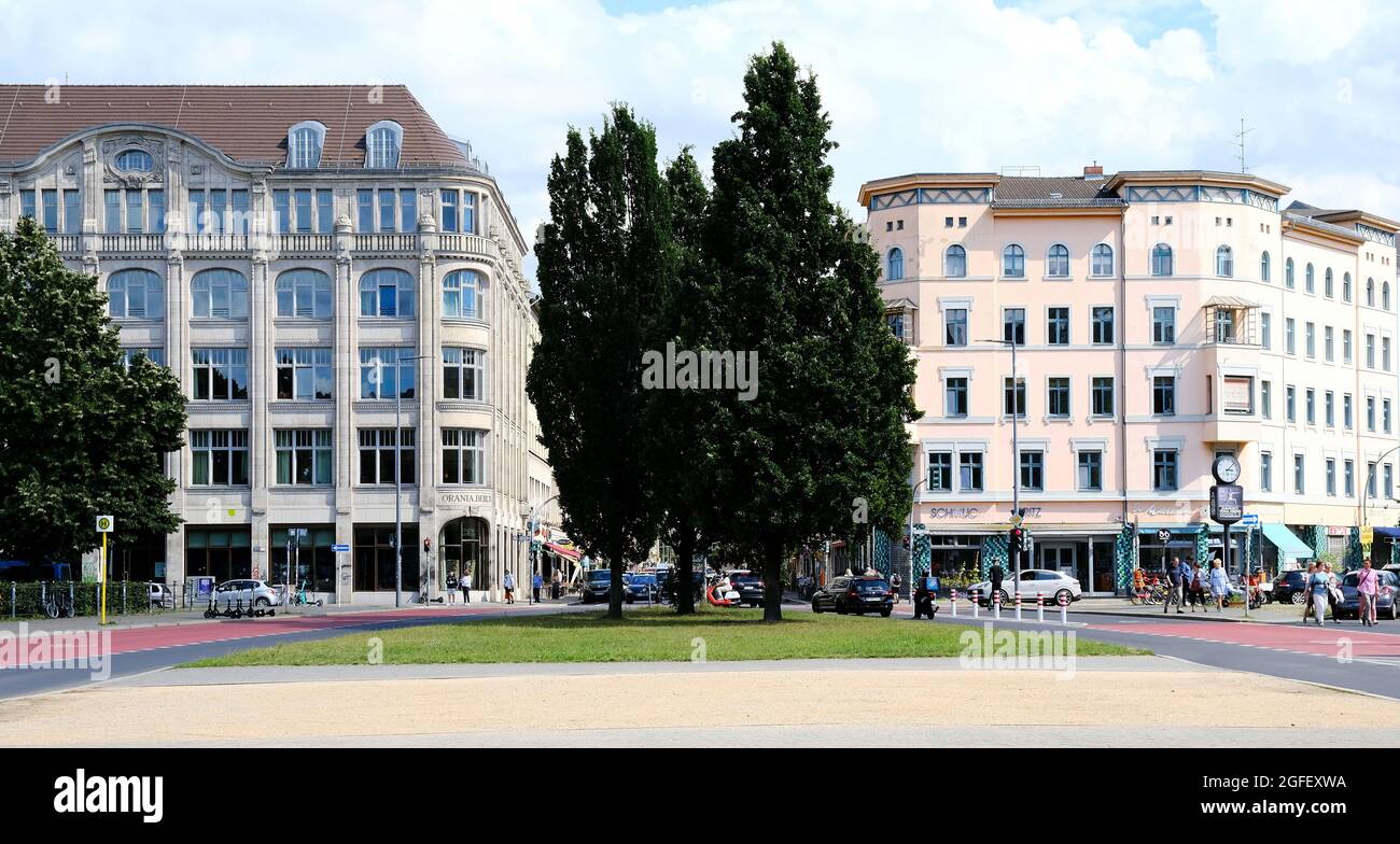 Berlin, Germany, 10 August 2021, view over Oranienplatz with Hotel ...