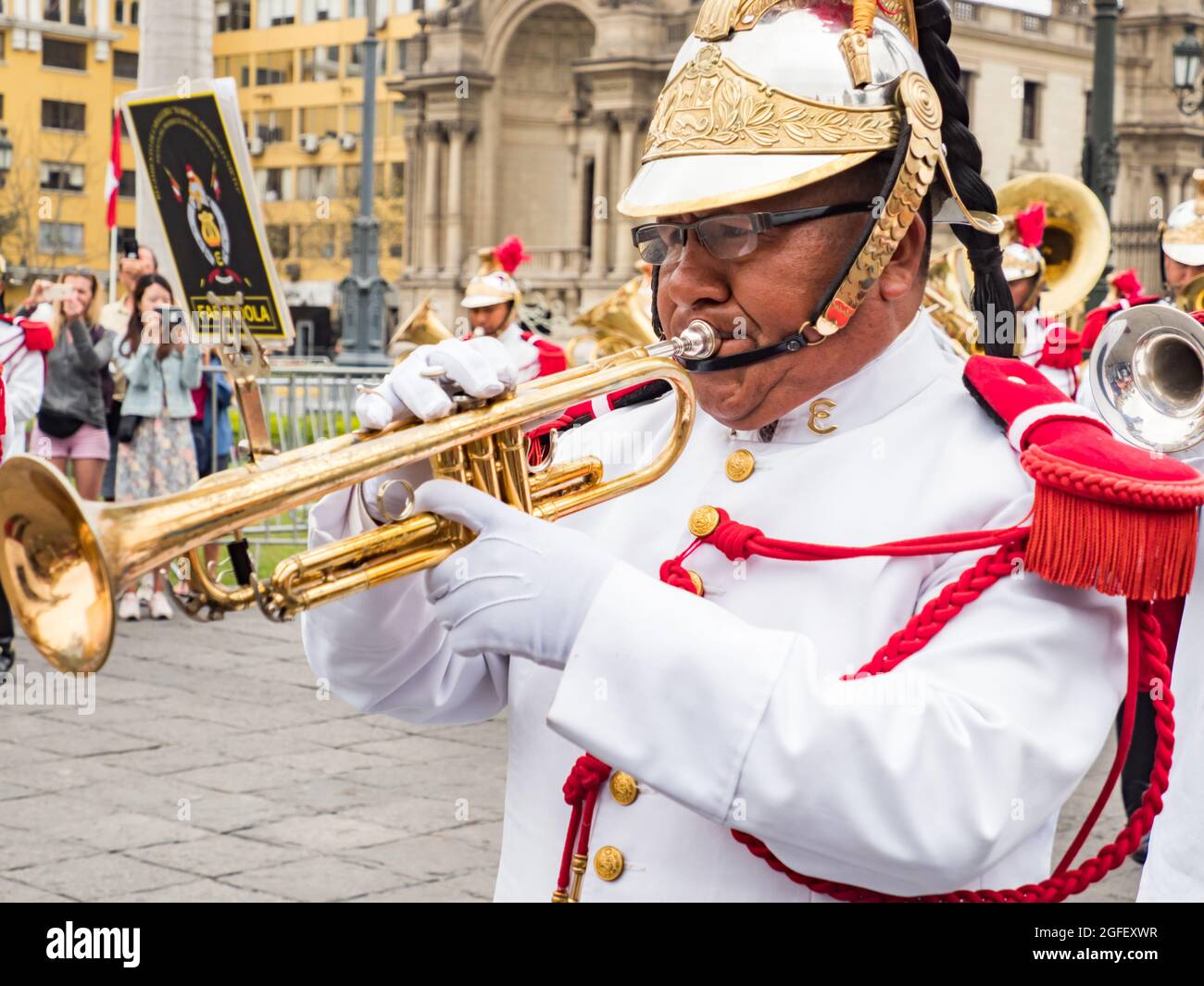 Lima, Peru - Dec, 2019: Guards of the Presidential Palace are giving a ...