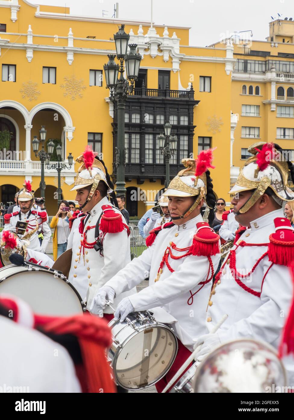 Lima, Peru - Dec, 2019: Guards of the Presidential Palace are giving a ...