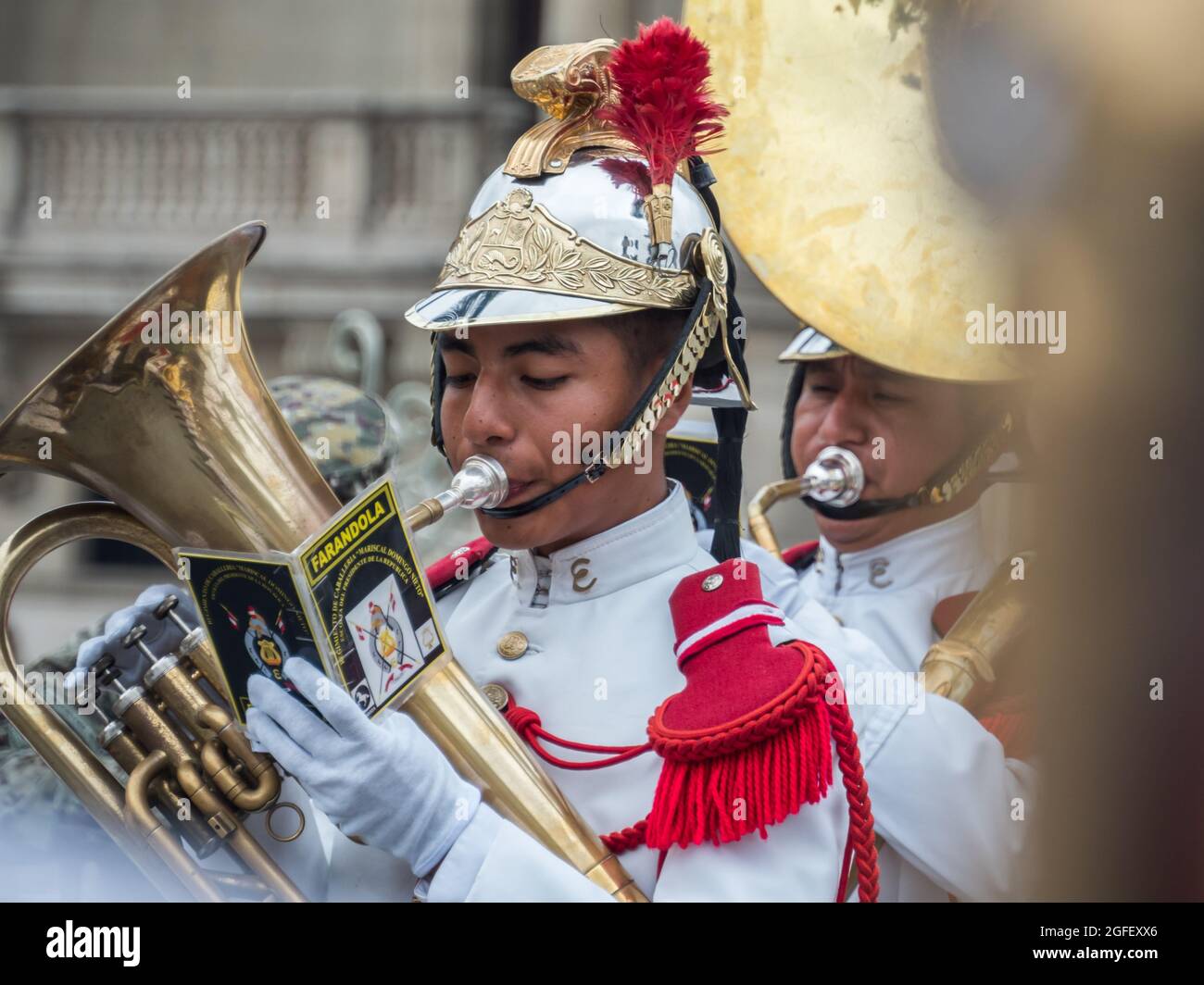 Lima, Peru - Dec, 2019: Guards of the Presidential Palace are giving a ...