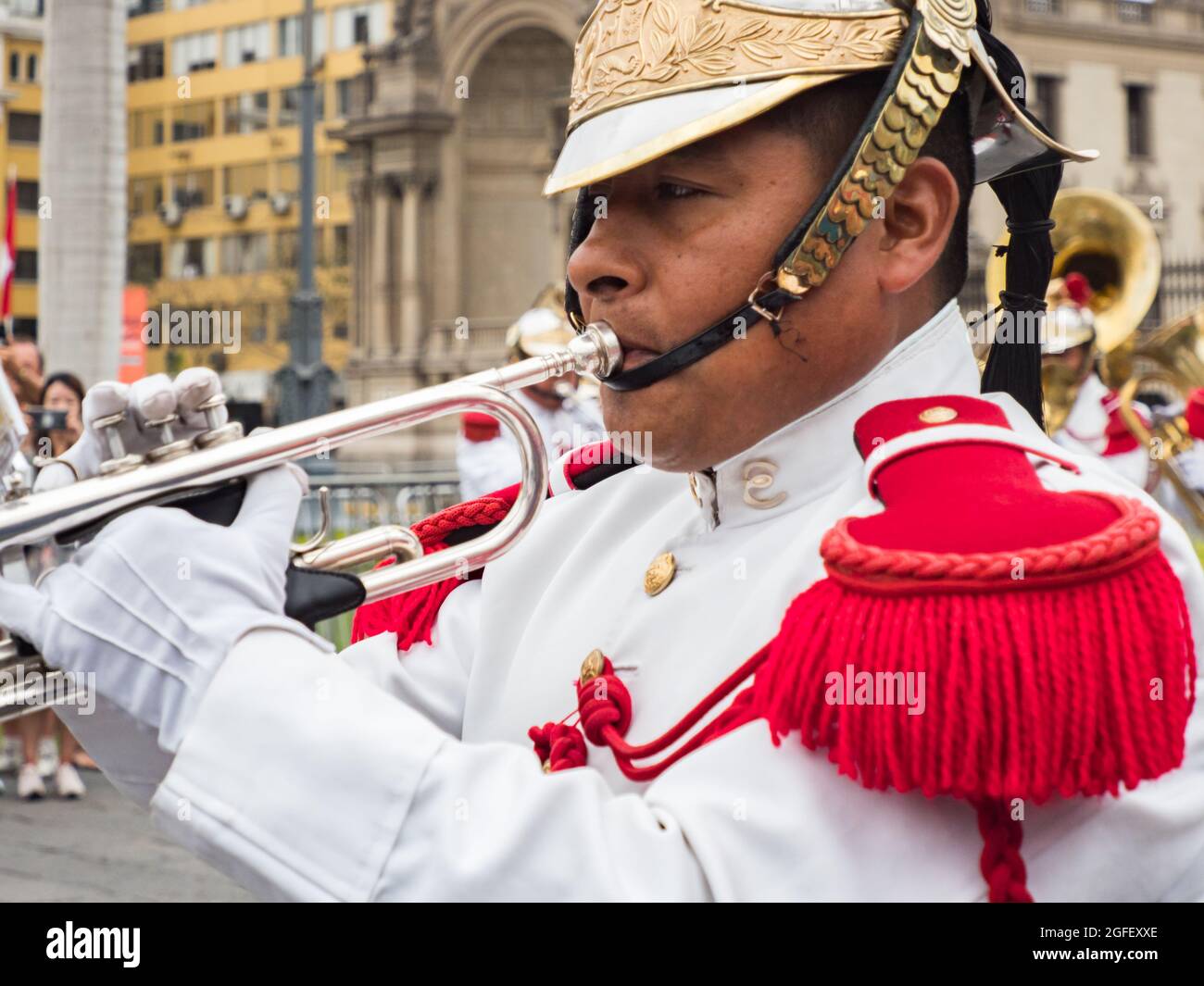 Lima, Peru - Dec, 2019: Close up of a man playing the trumpet. The ...
