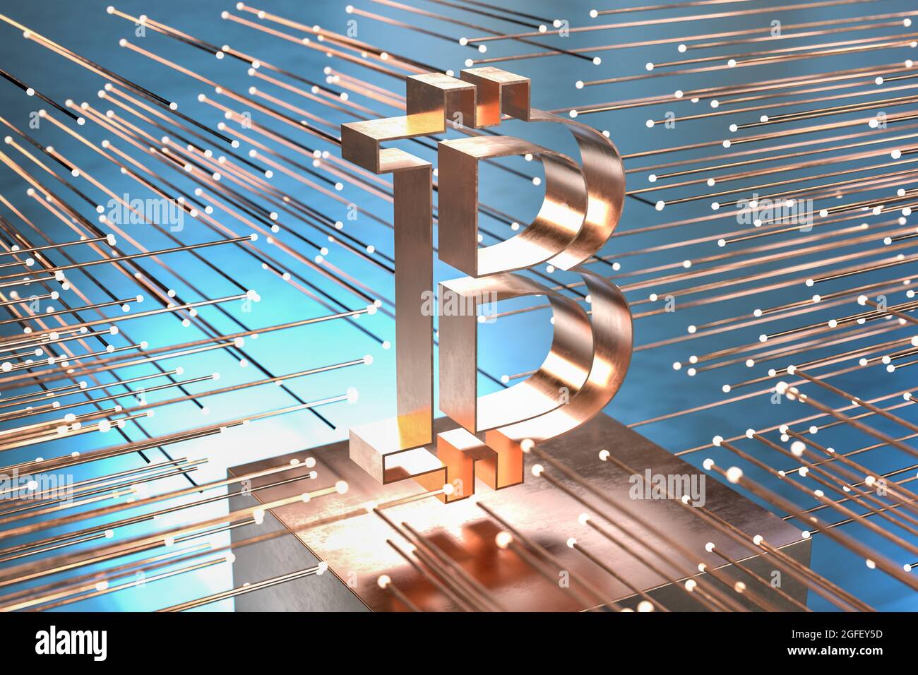 Bitcoin concept - A Bitcoin B in copper surrounded by copper lines with ...