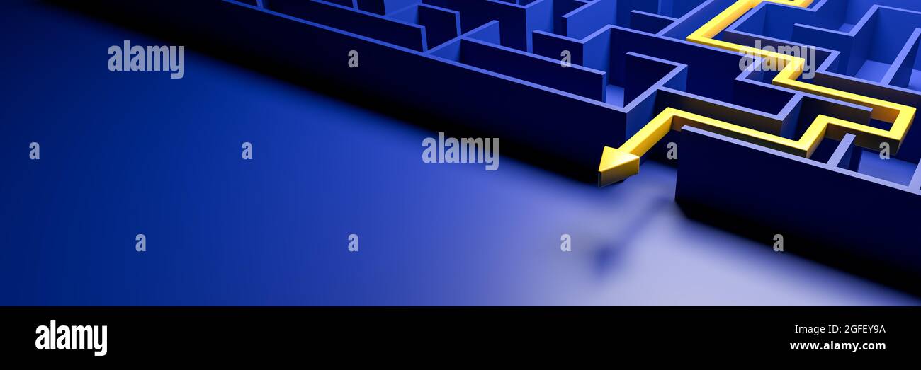 3d rendering: Concept - solving a complex problem. Blue maze and floor ...