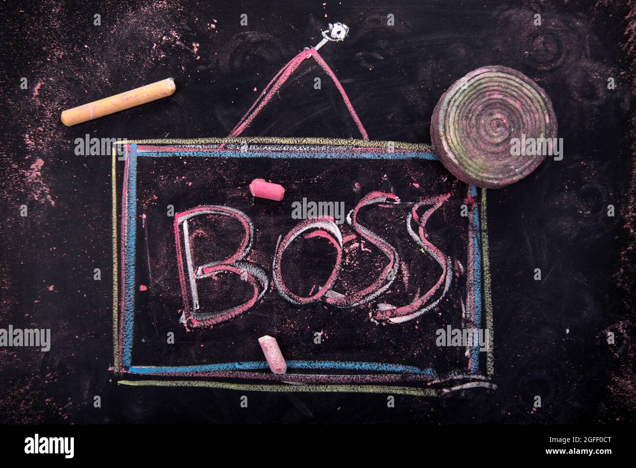 Representative sign the written with chalk on blackboard, boss Stock ...