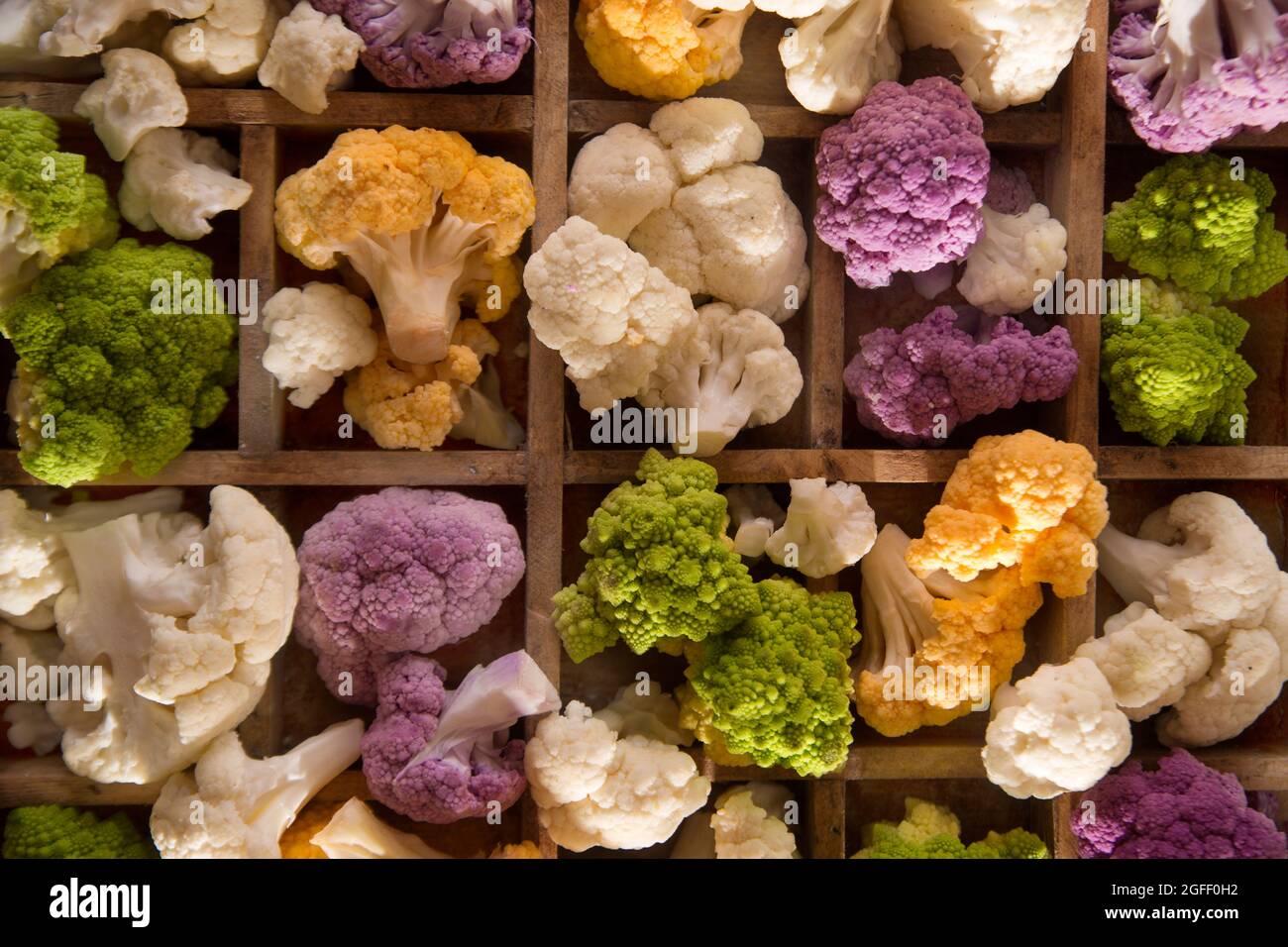 Presentation of varieties of cauliflower in her color differences Stock ...