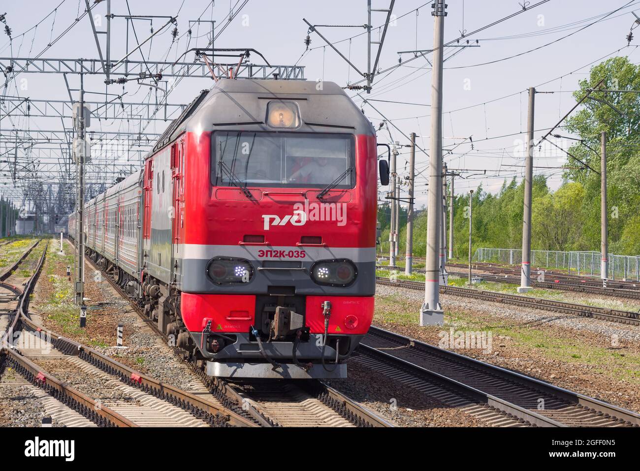 LENINGRAD REGION, RUSSIA - MAY 24, 2021: Russian passenger electric ...