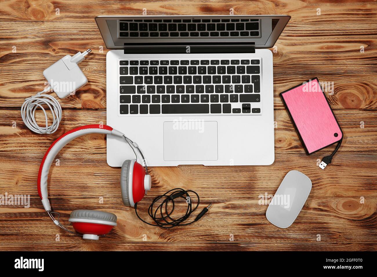 Laptop with accessories. Energy and information safety concept Stock ...