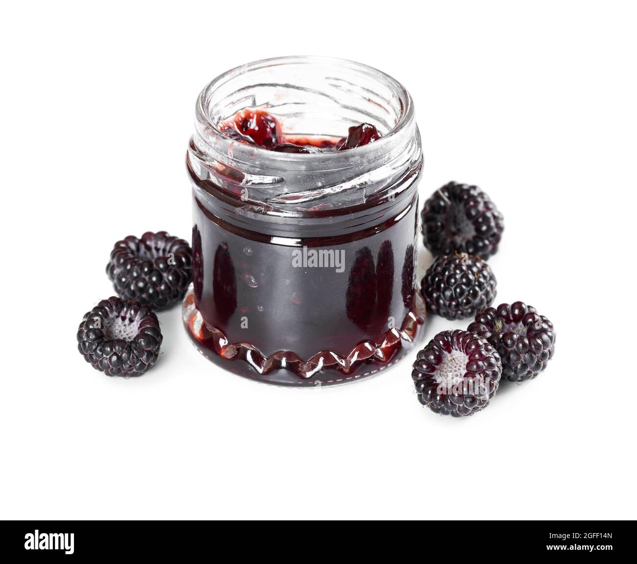 Jam made from black raspberries Cumberland in glass jar isolated on ...