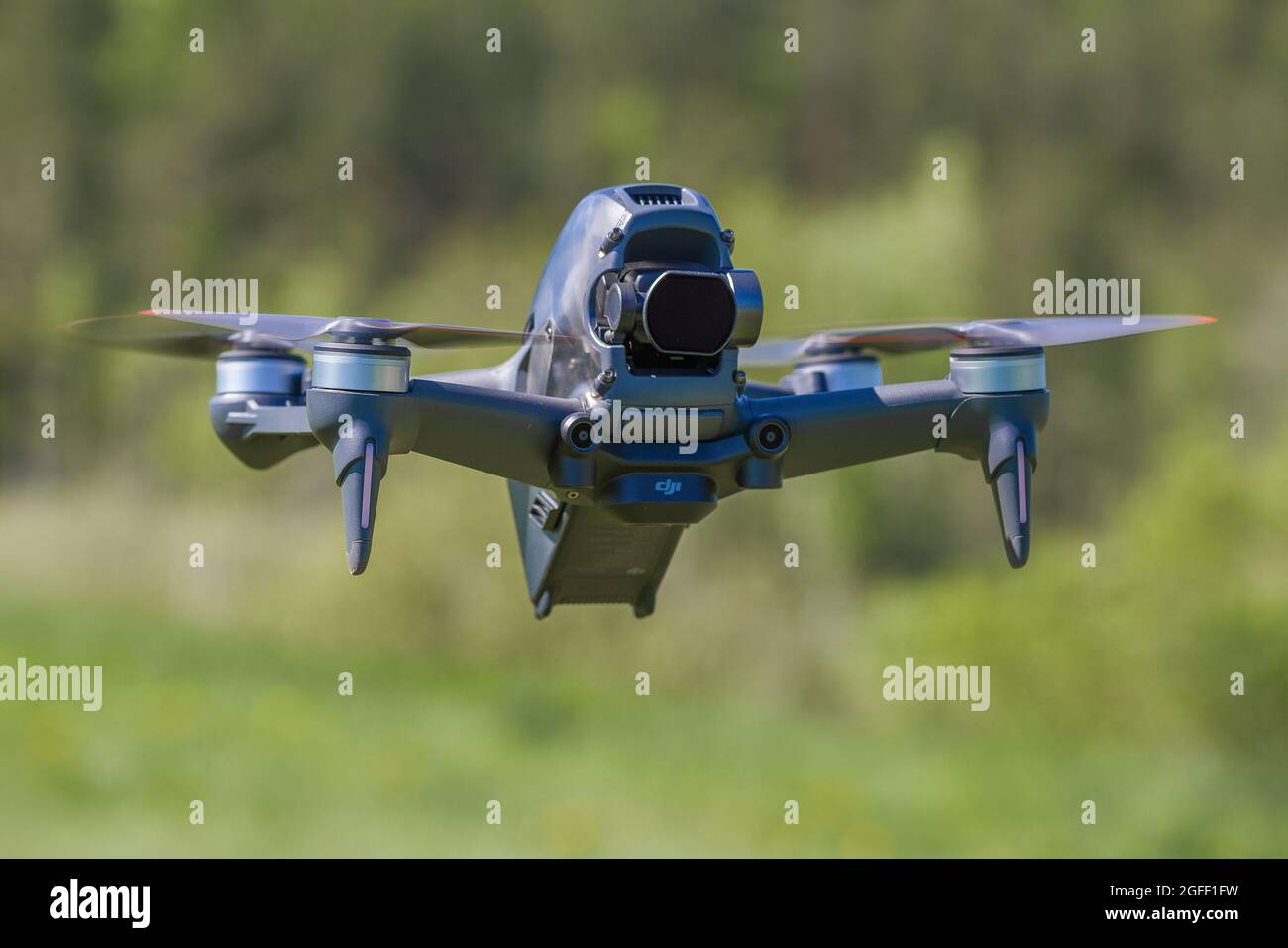 LENINGRAD REGION, RUSSIA - MAY 30, 2021: DJI FPV Drone in flight. Front ...