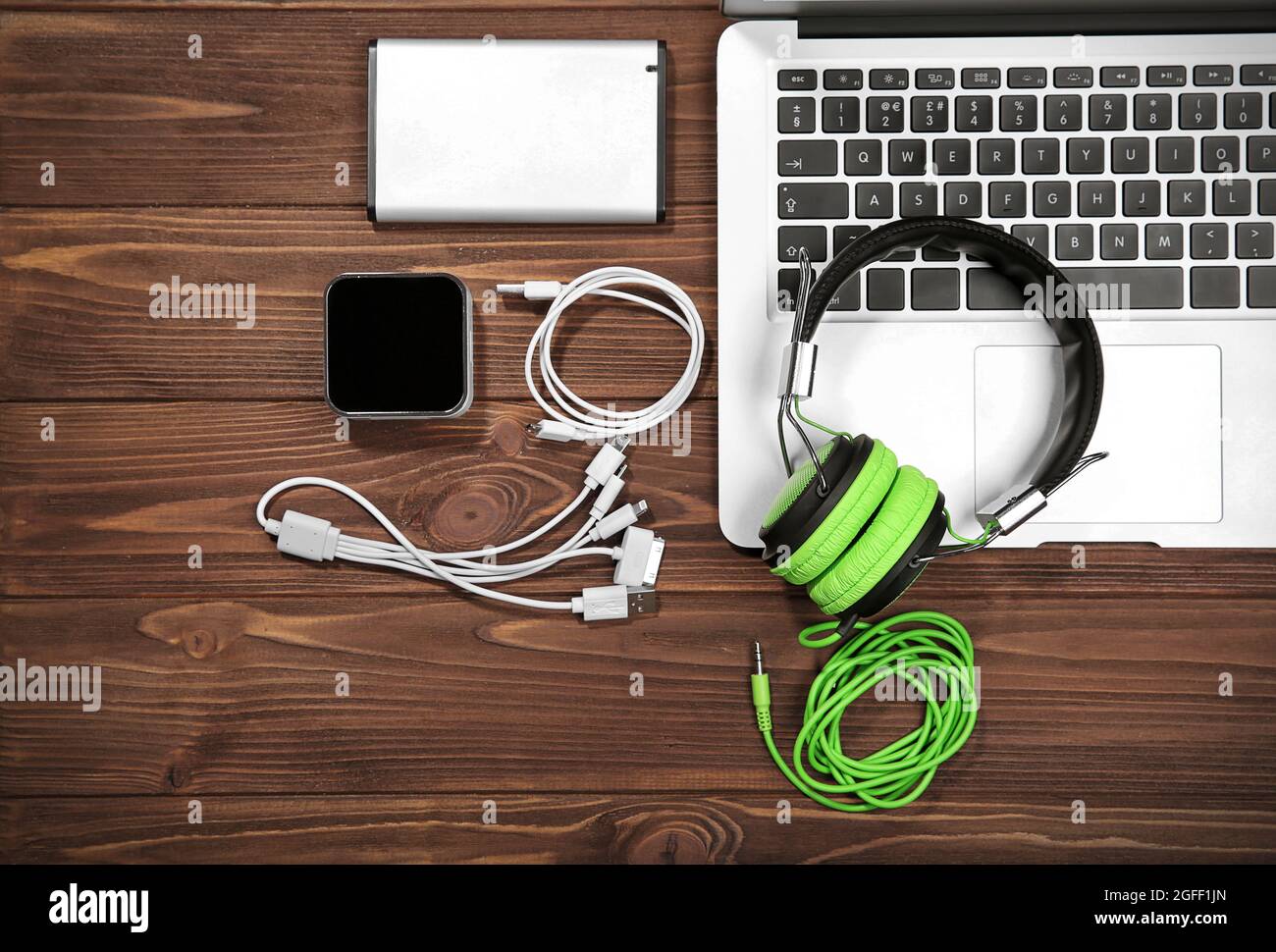 Laptop with accessories. Energy and information safety concept Stock ...