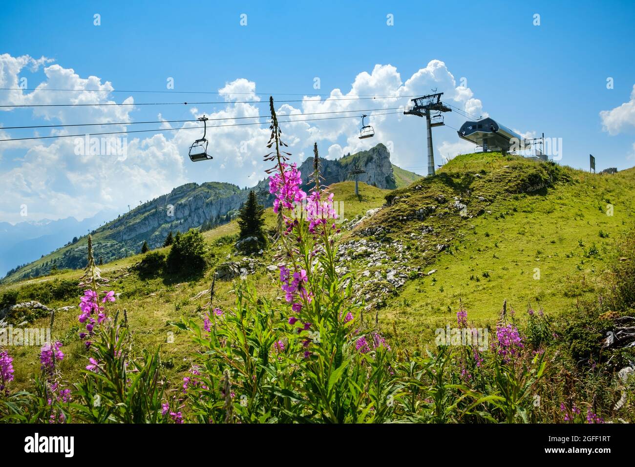 Mountain station of the Tour d'Aï chairlift with fresh green alpine ...