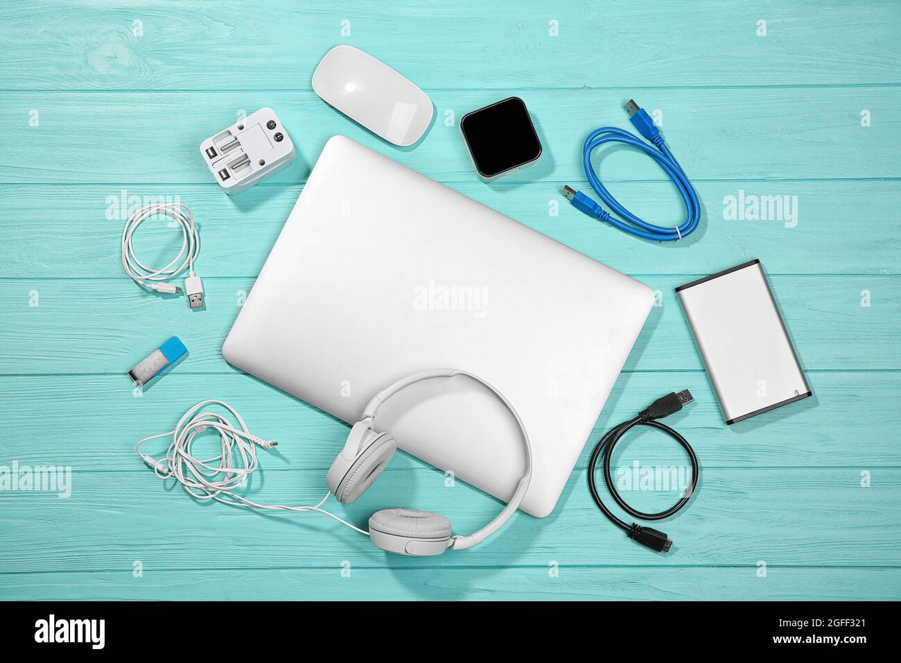 Laptop with accessories. Energy and information safety concept Stock ...