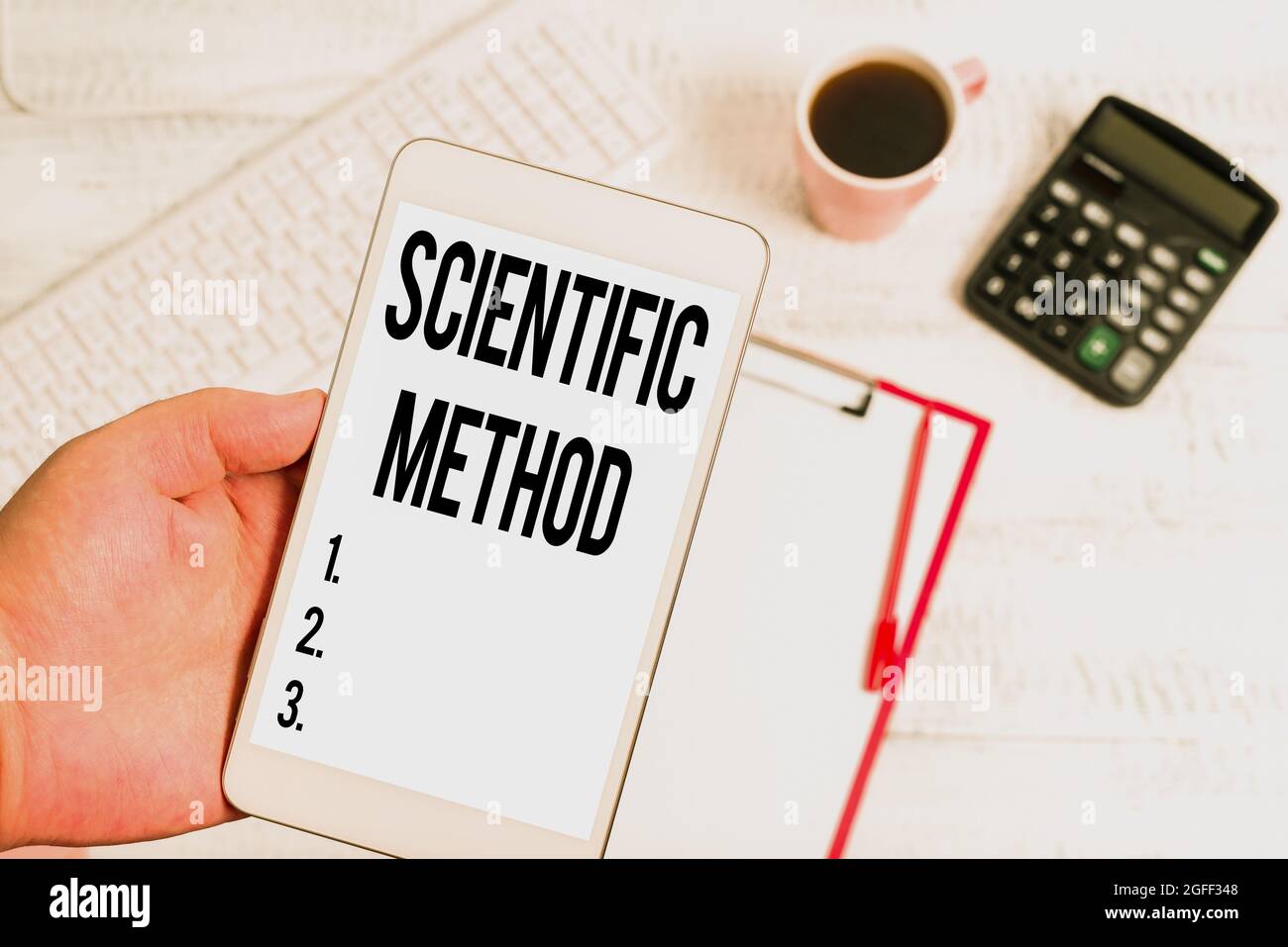 Text caption presenting Scientific Method. Business overview method of ...