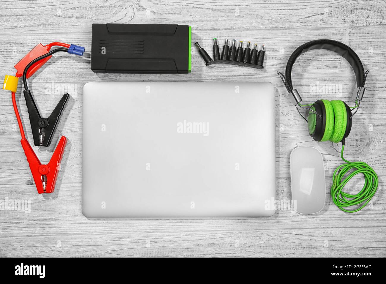 Laptop with accessories. Energy and information safety concept Stock ...