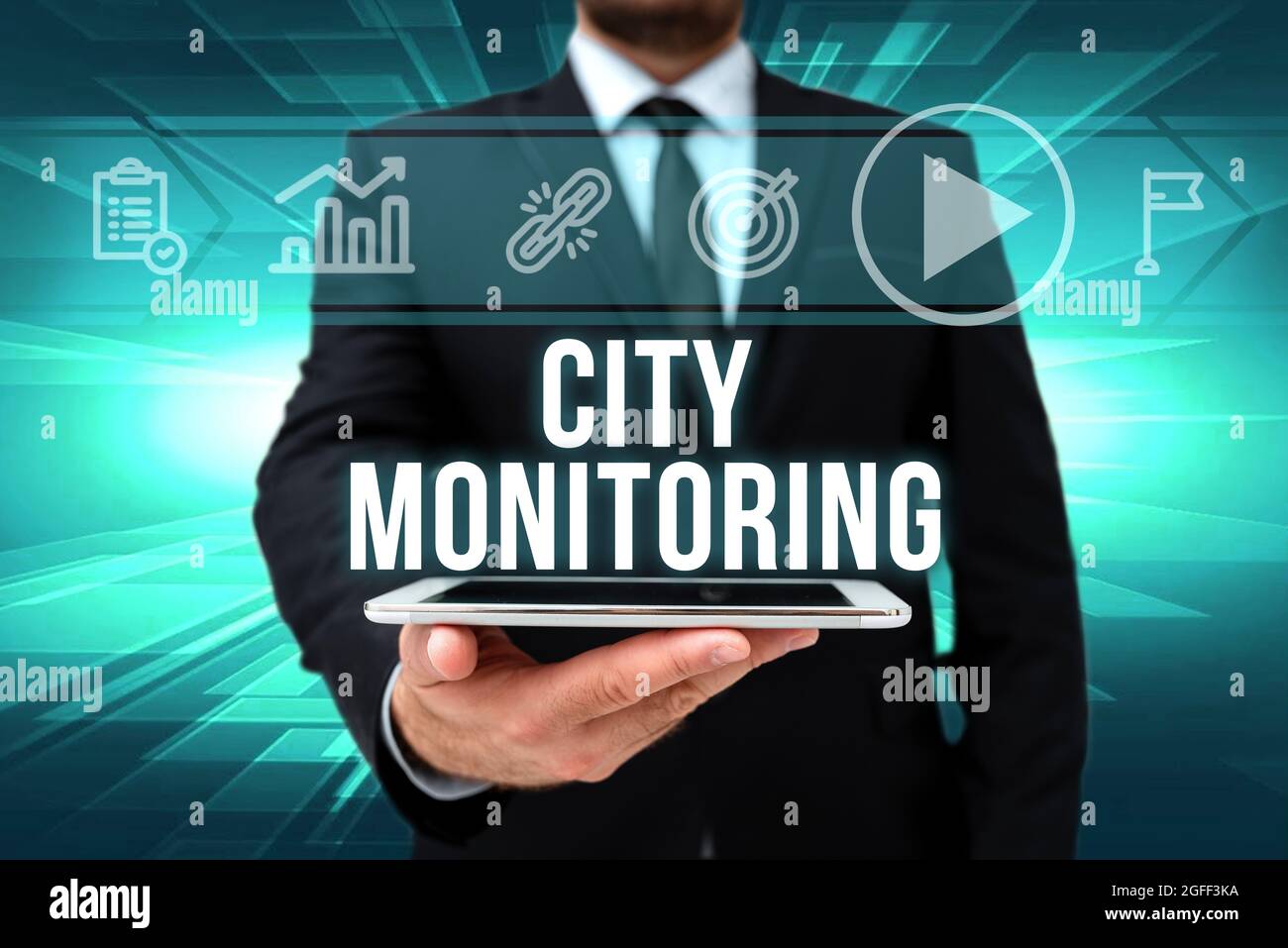 Text sign showing City Monitoring. Business overview indicatorlevel ...
