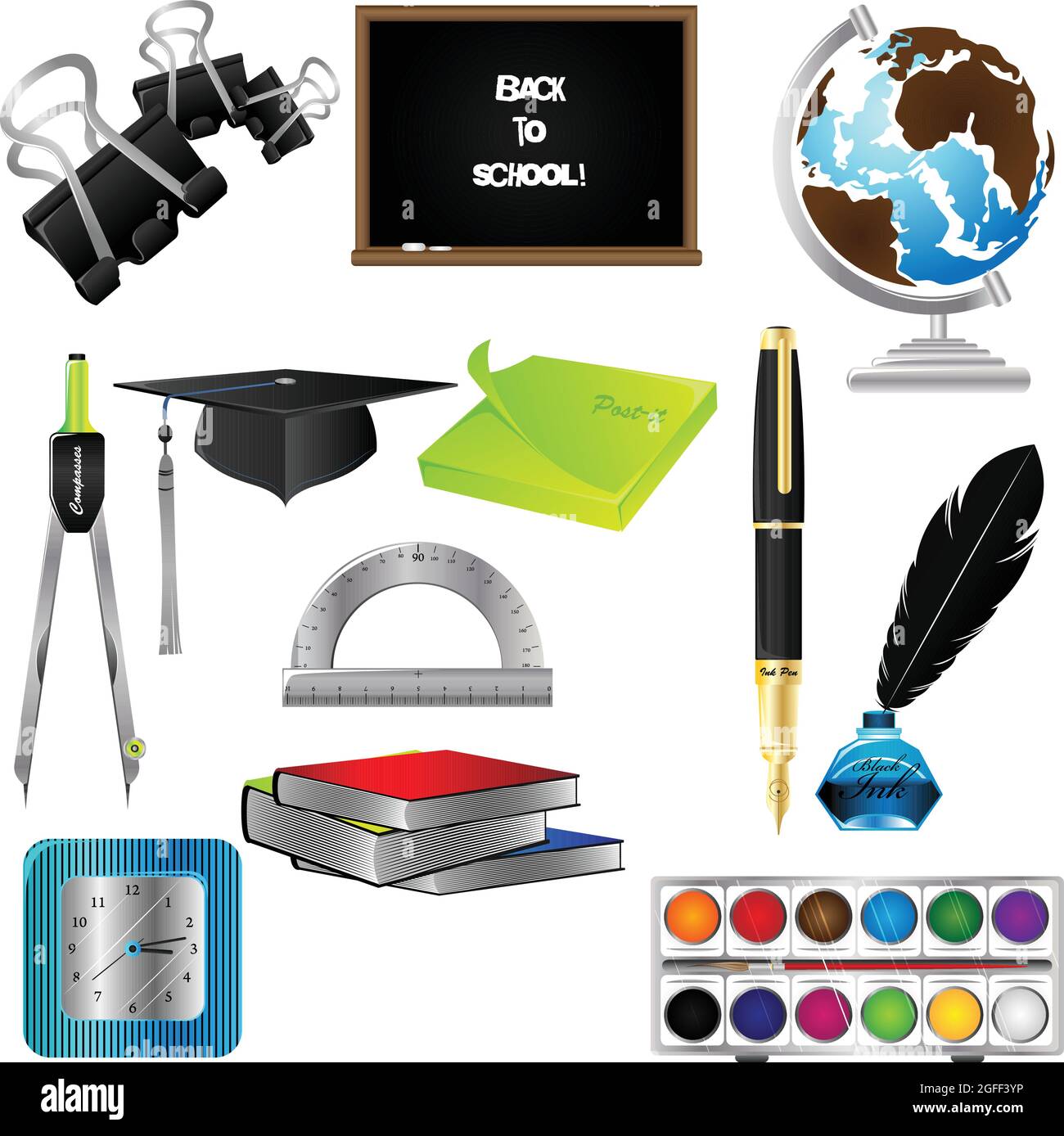 Realistic set of school supplies isolated vector. Blackboard, compass ...