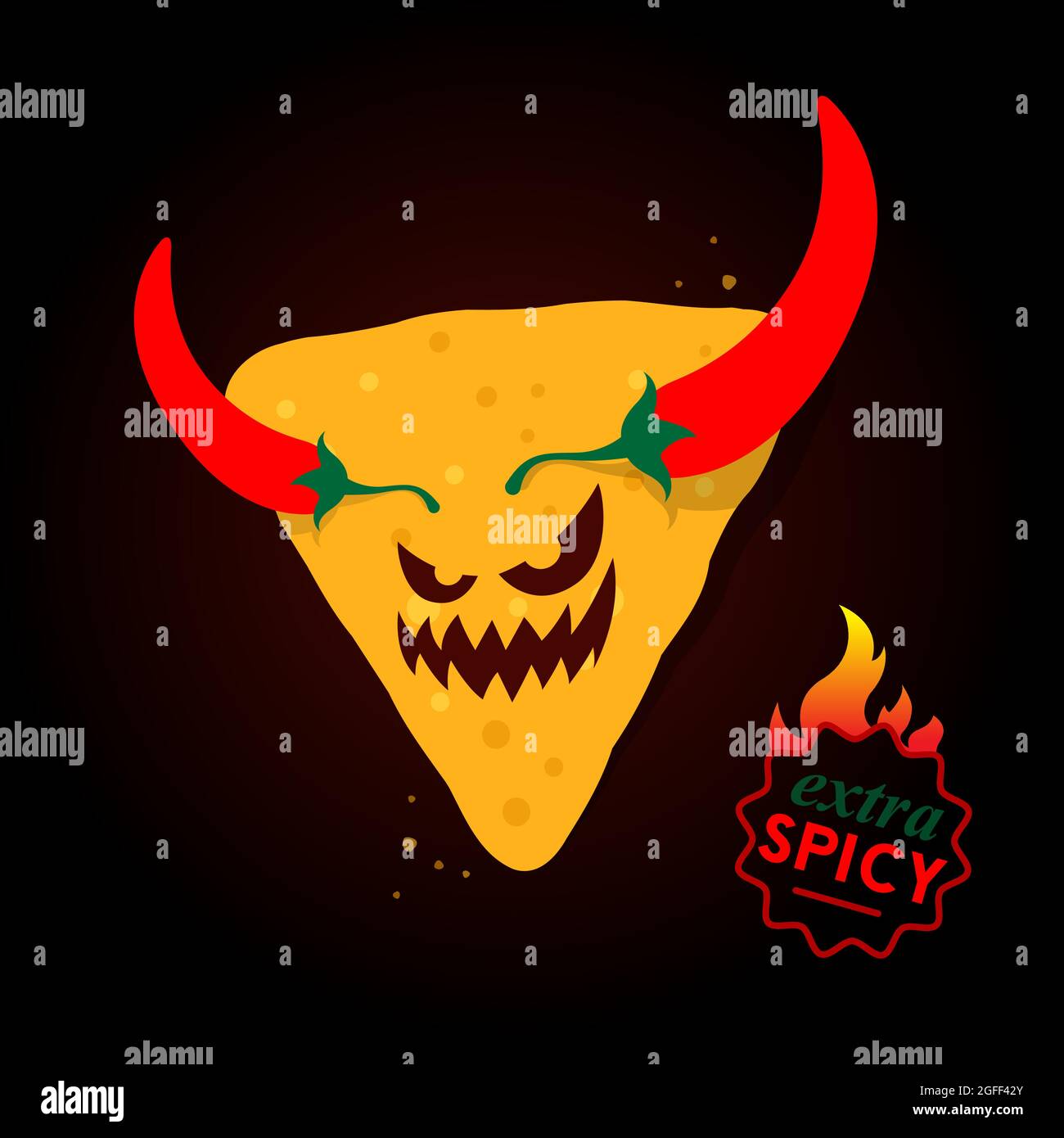 Angry nachos and chili peppers like horns on a dark background. Extra ...