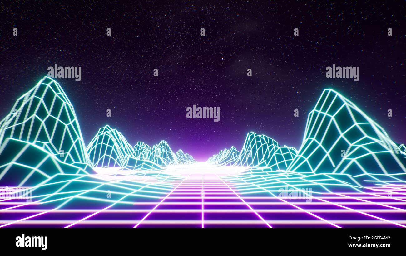 Glow Neon Light Synthwave Grid Mountain Retro Background 3D Render ...
