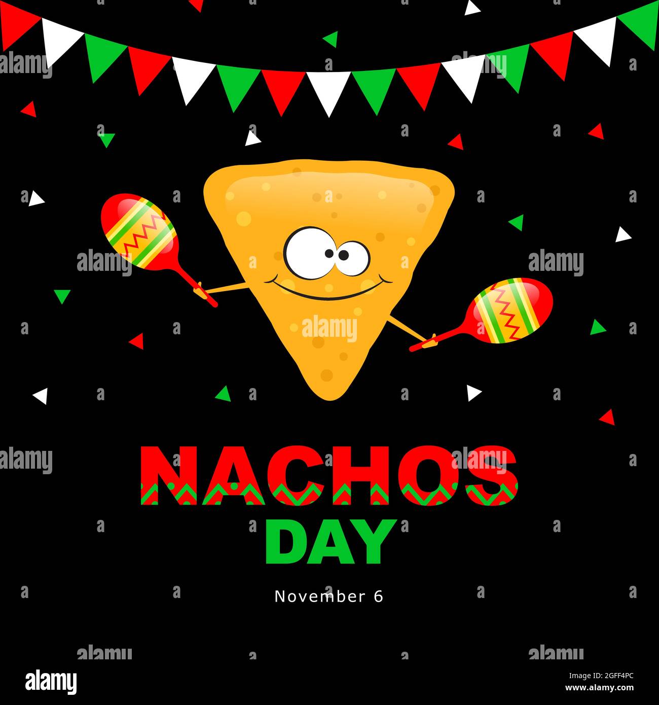 Cartoon nachos with a smile on his face and maracas in his hands, black ...