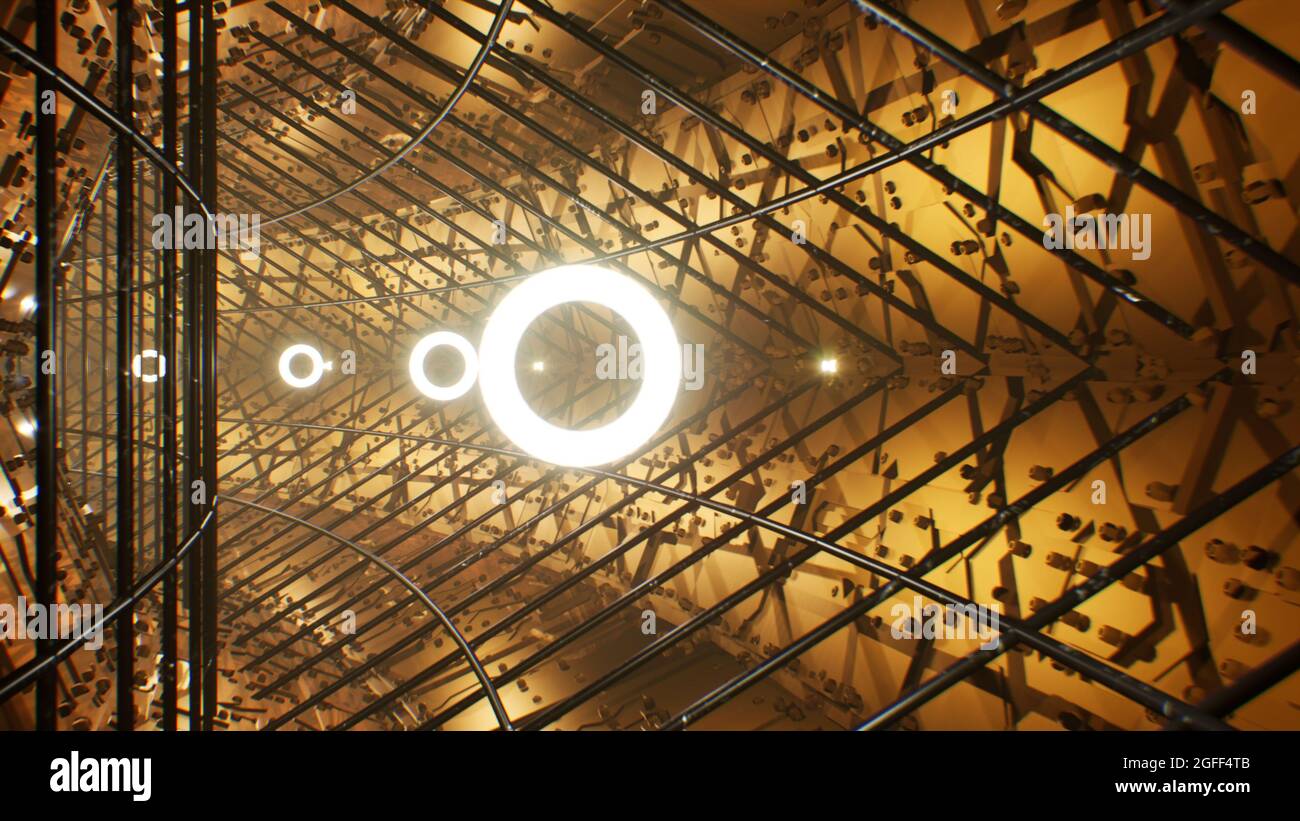 Glowing Light Rings in the Metal Cage Golden Tunnel 3D Render Stock ...