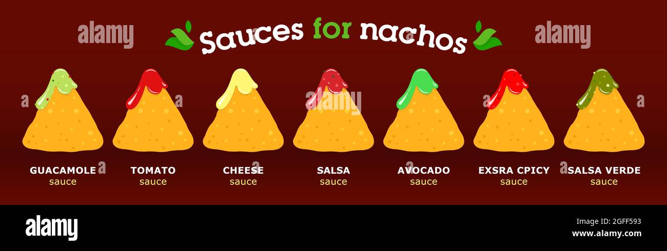 Set of nachos with different sauces, flavors on a red background ...