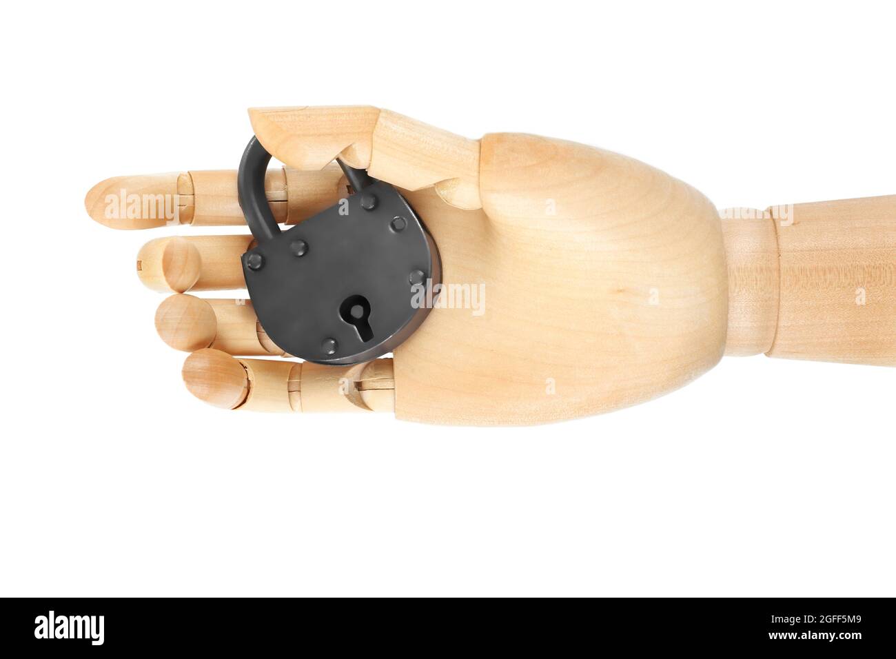 Wooden hand holding padlock on white background Stock Photo - Alamy