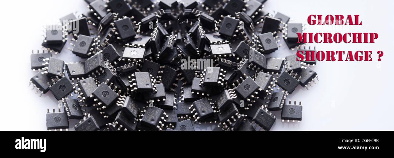 Panoramic banner of Pile of Integrated circuit chip on white background ...