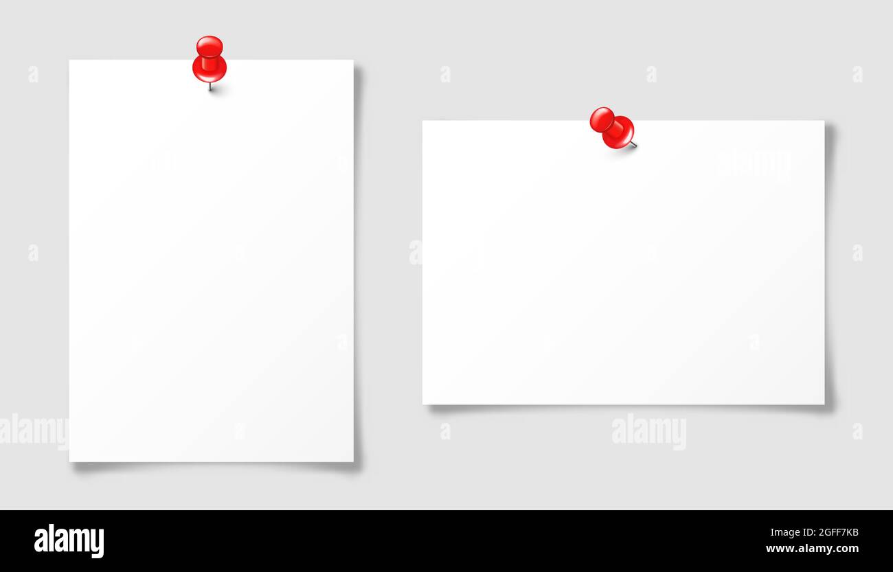 Realistic blank paper sheet in A4 format with red push pin. Notebook ...