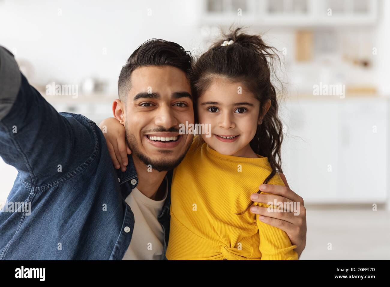 Happy Middle Eastern Father Taking Selfie With His Little Daughter At ...