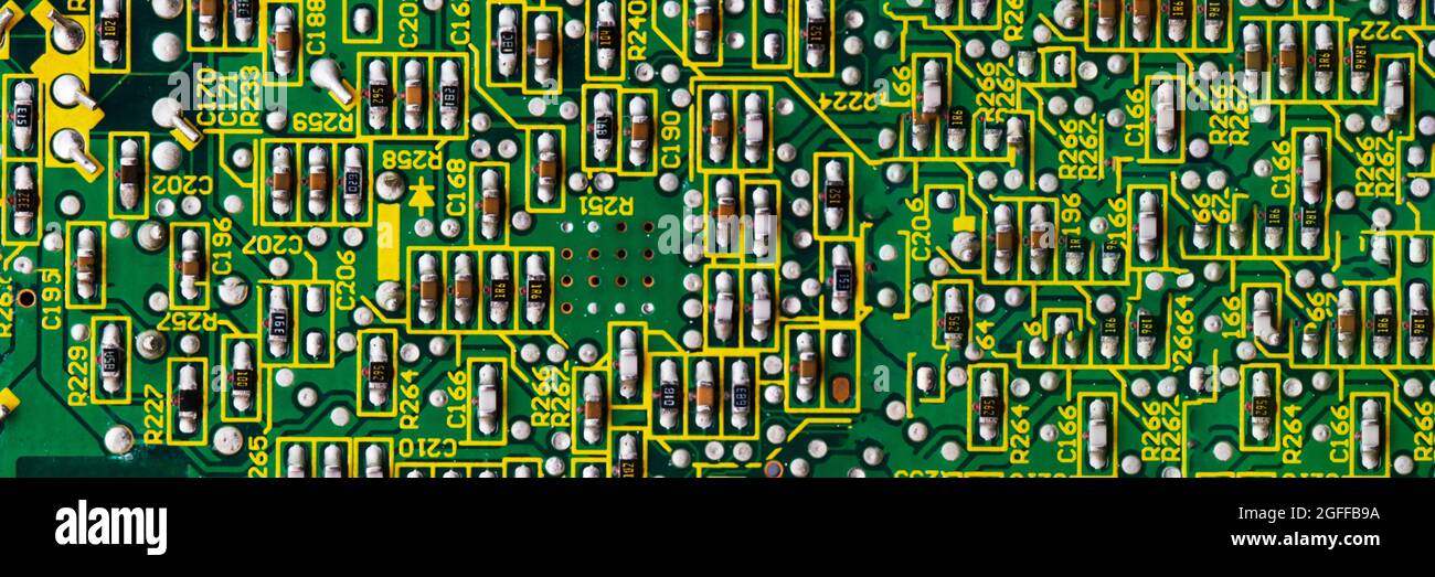 Panoramic banner Green printed circuit board PCB with chip texture or ...