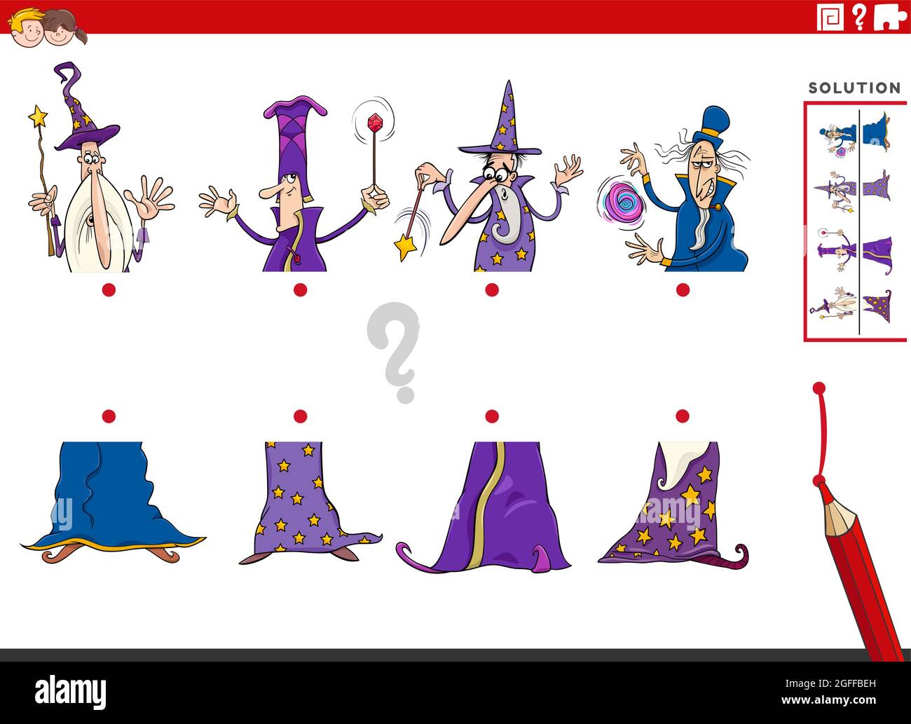 Cartoon illustration of educational game of matching halves of pictures ...