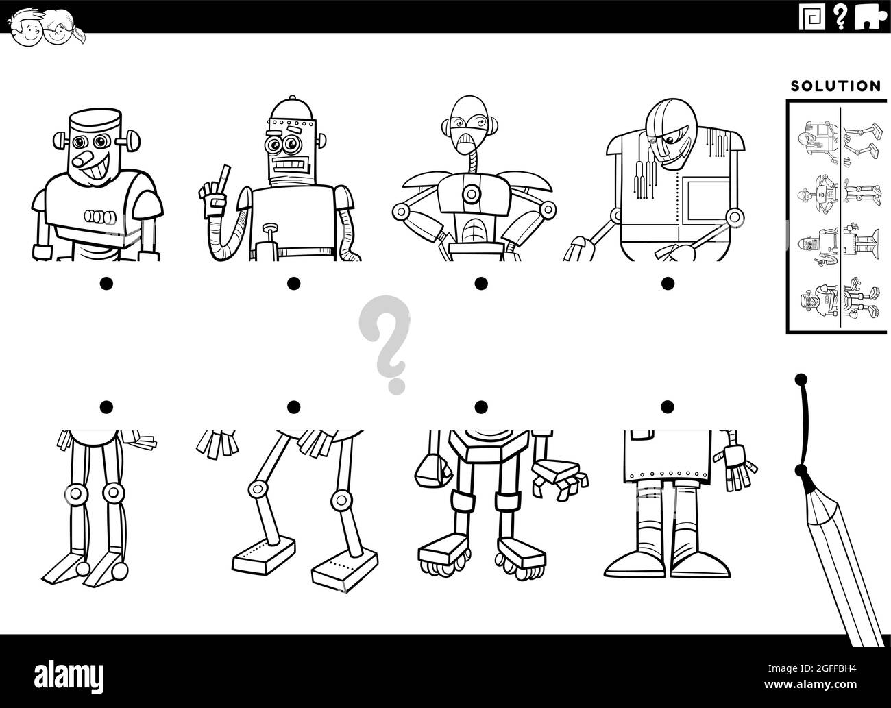 Black and white cartoon illustration of educational game of matching ...