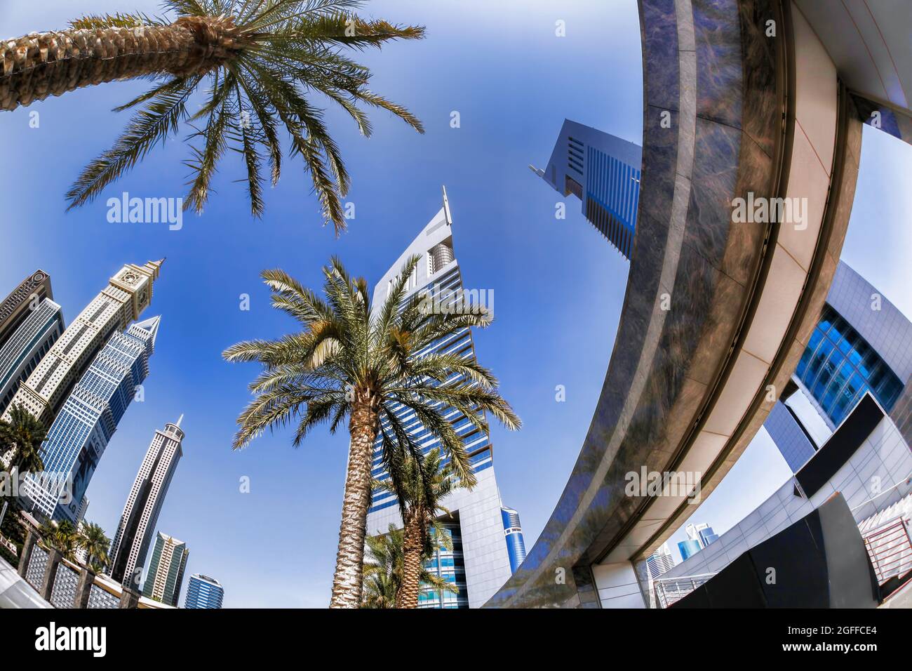 Futuristic architecture with palm tree in Dubai, United Arab Emirates ...