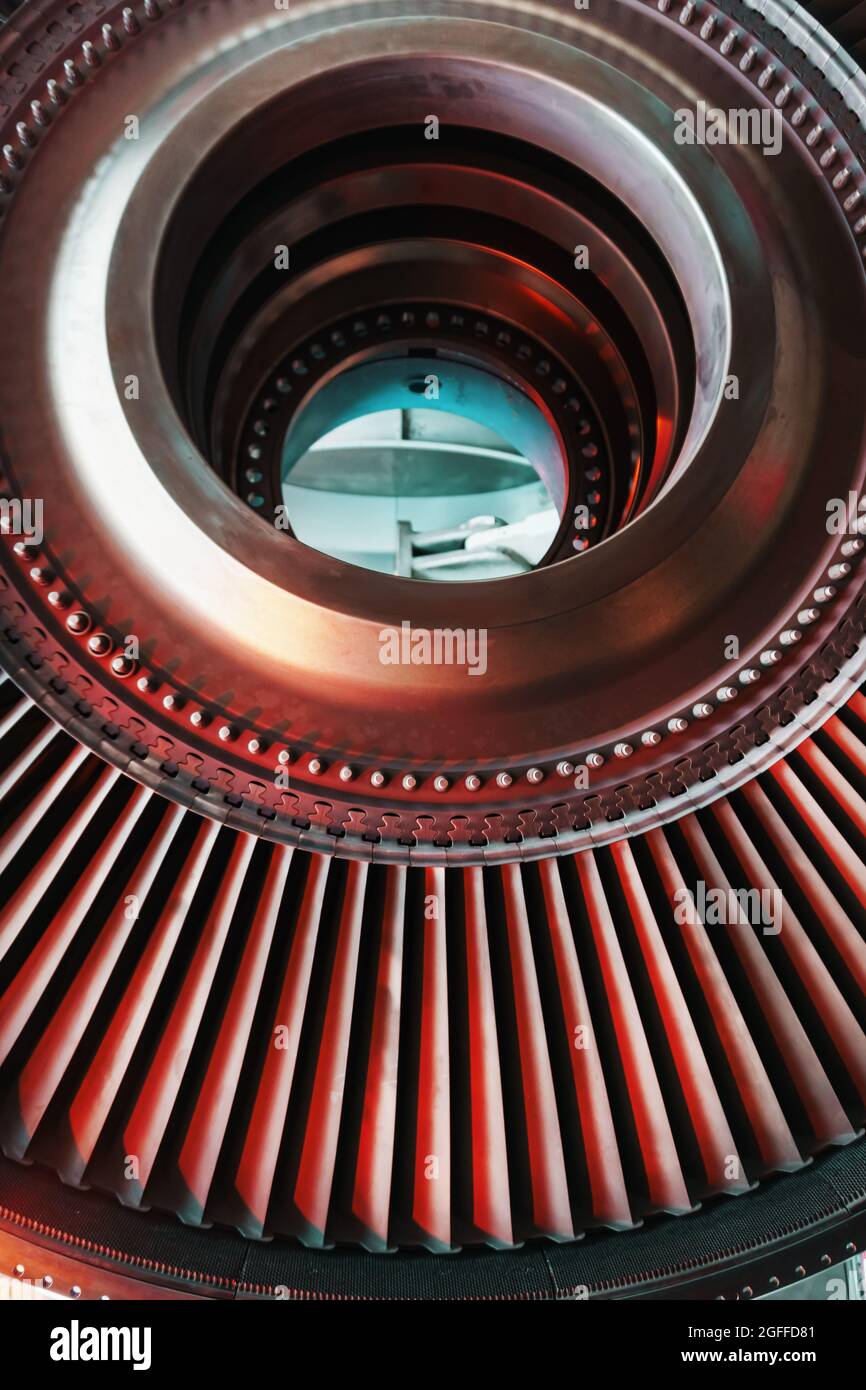 Disassembled gas turbine for power generation. Details of rotor blades ...