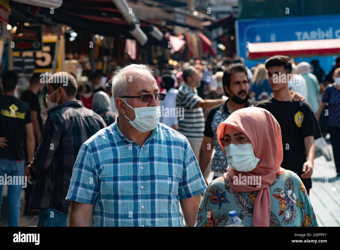 Istanbul, Turkey 25th August 2021 A Turkish couple wearing protective ...