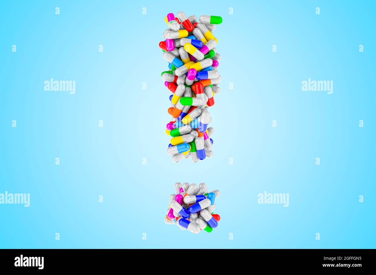 Exclamation mark from medical bottles with drugs. 3D rendering isolated ...