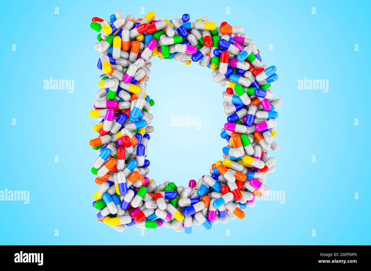 Letter D from medicine capsules, pills. 3D rendering isolated on blue ...