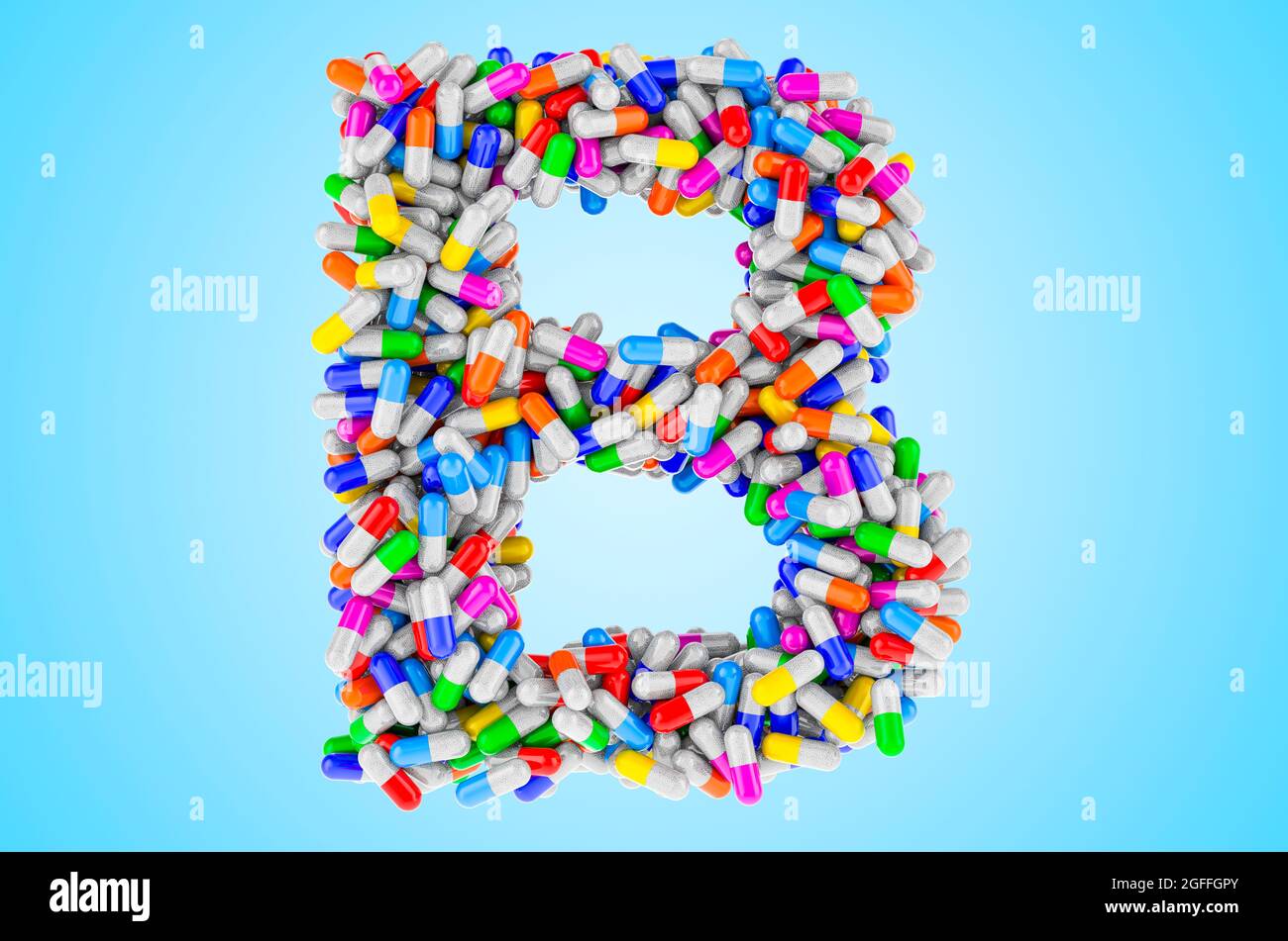 Letter B from medicine capsules, pills. 3D rendering isolated on blue ...
