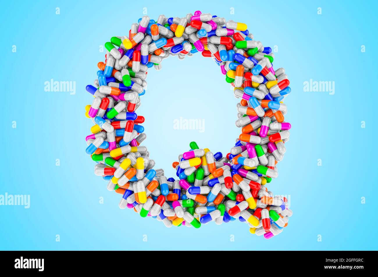 Letter Q from medicine capsules, pills. 3D rendering isolated on blue ...