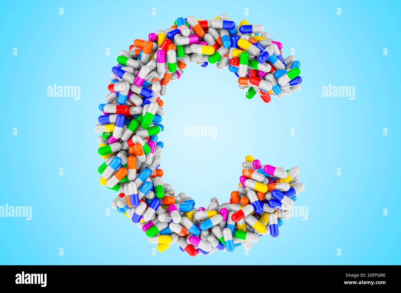 Letter C from medicine capsules, pills. 3D rendering isolated on blue ...