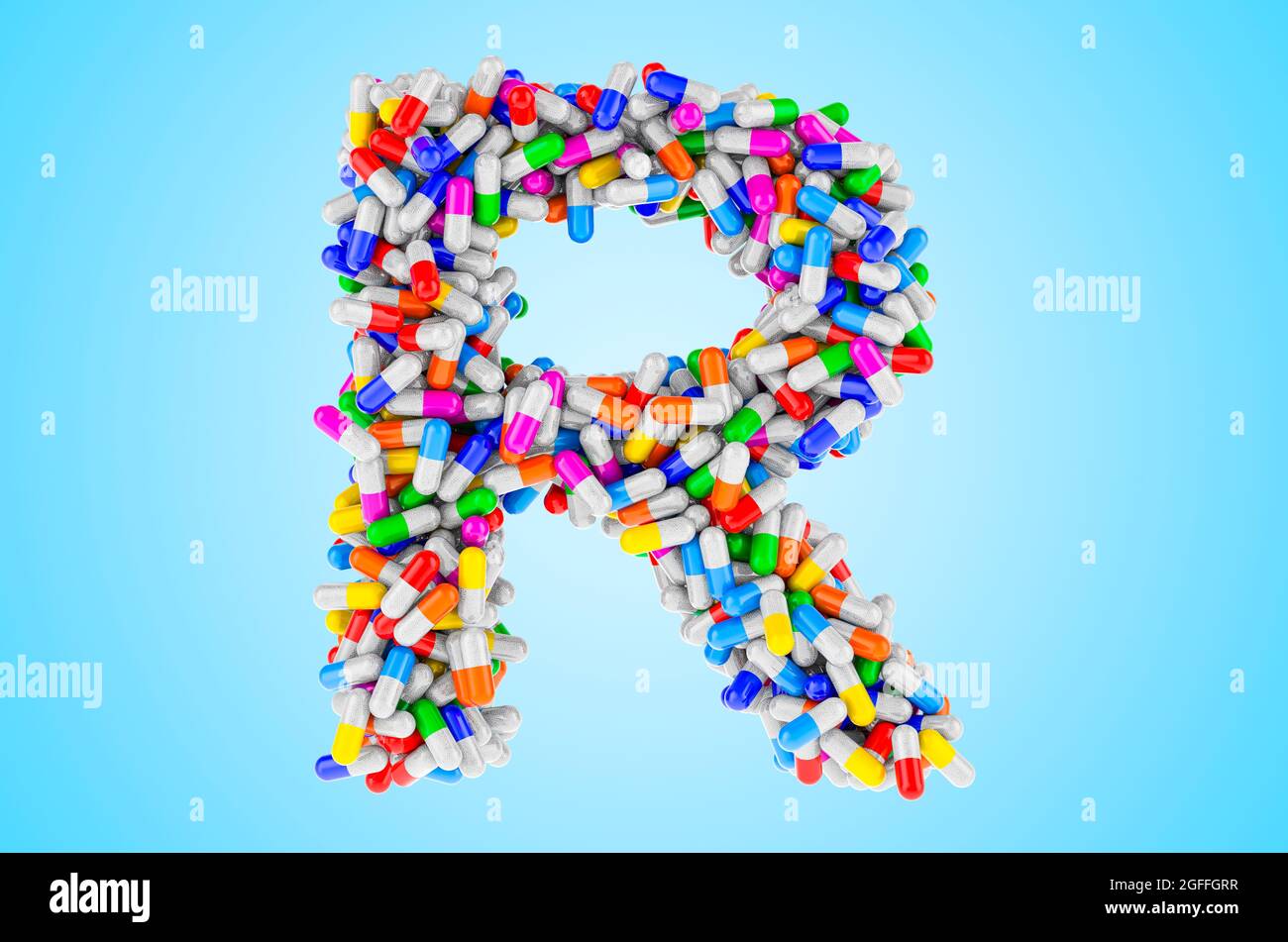 Letter R from medicine capsules, pills. 3D rendering isolated on blue ...