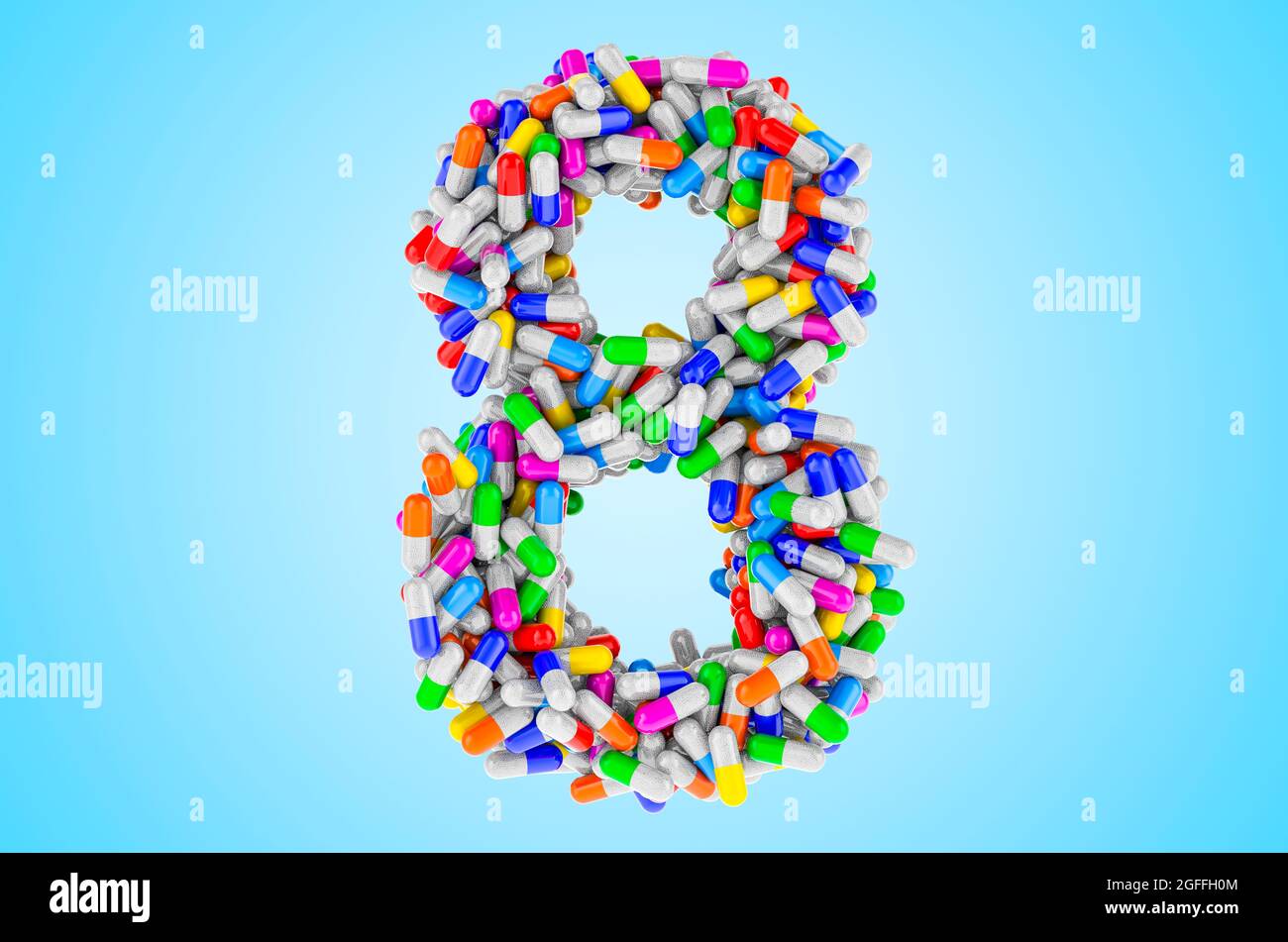 Number 8 from medicine capsules, pills. 3D rendering isolated on blue ...